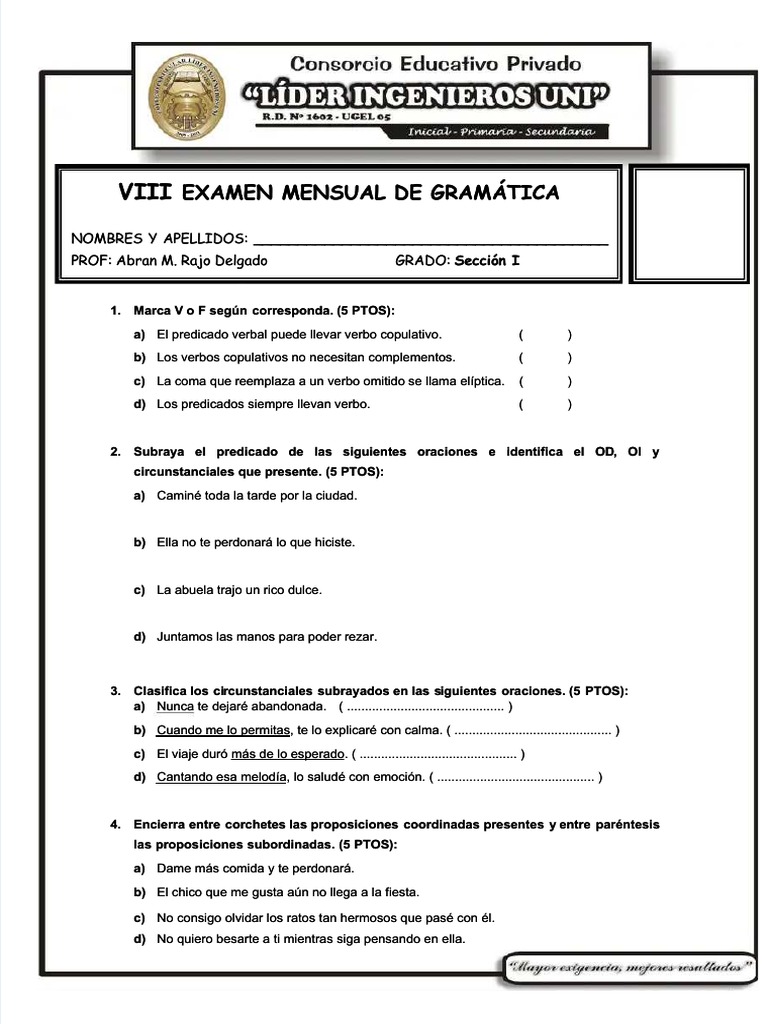 Pdf Examen Gramatica Secundaria Compress Pdf Predicado Gramática