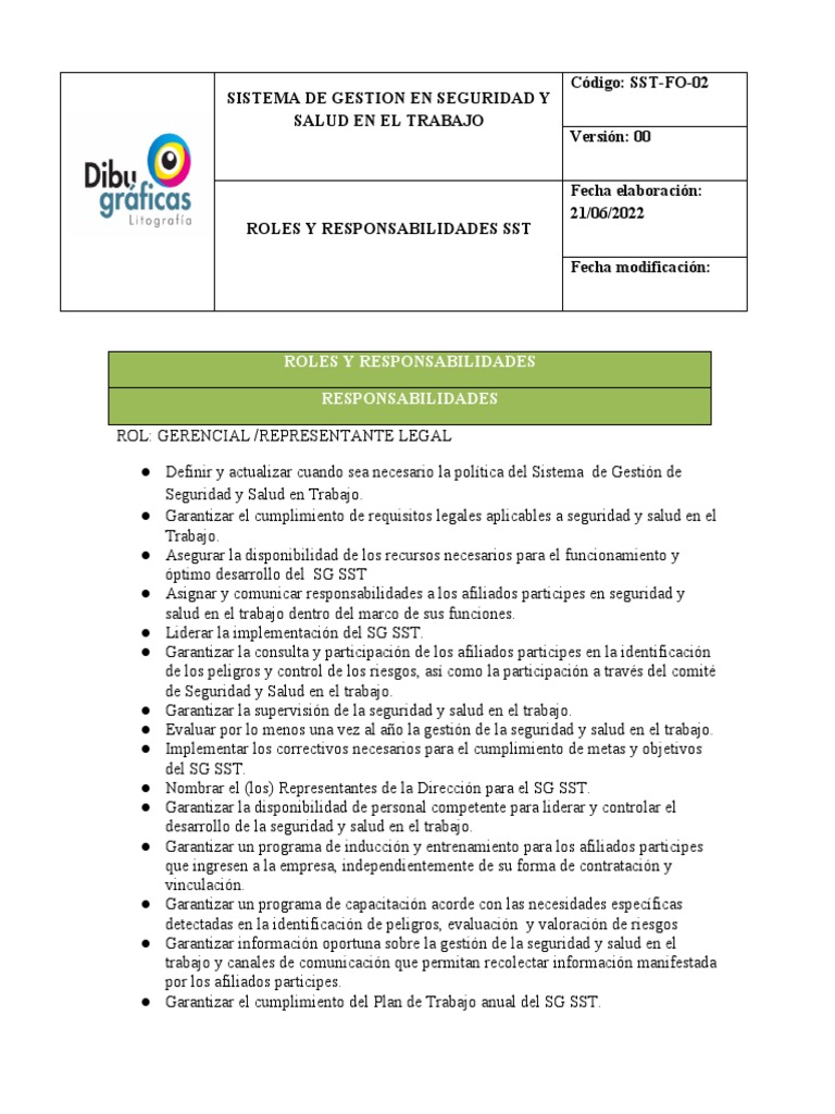 Formato Con Roles y Responsabilidades SST | PDF | Seguridad y salud ocupacional | Valores