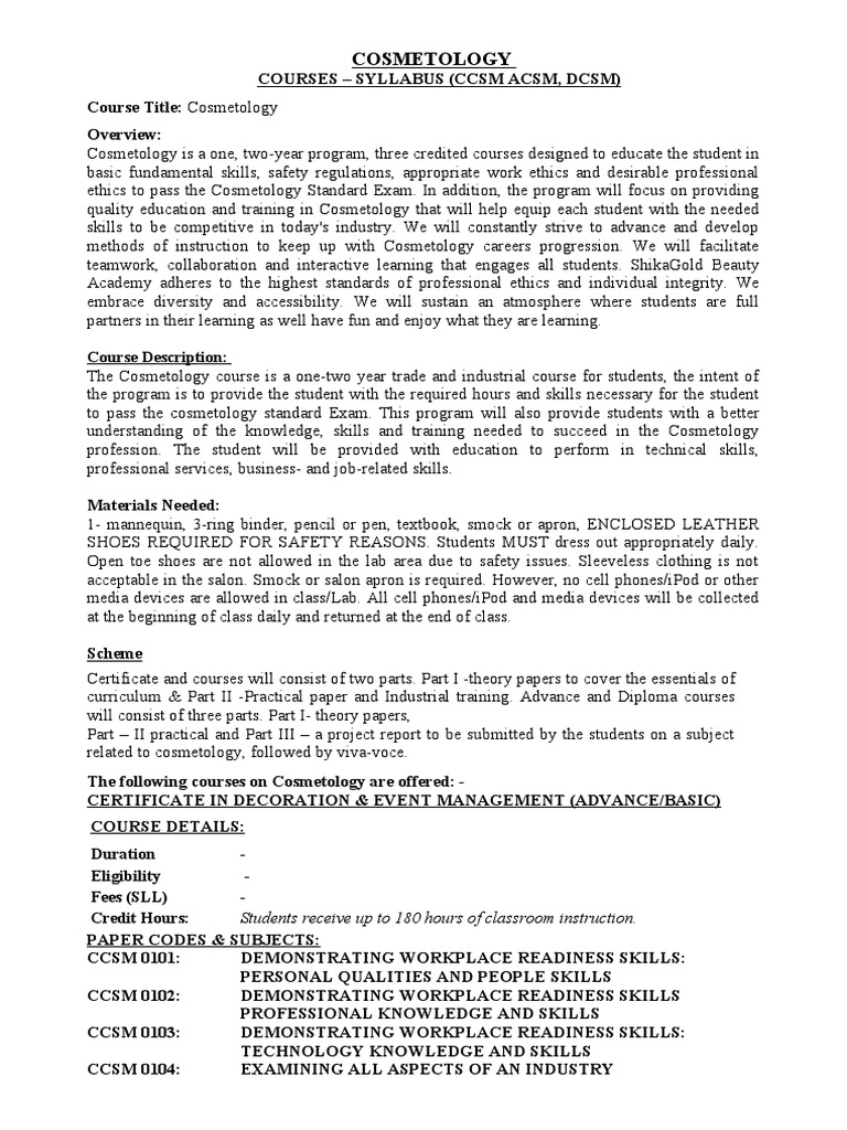 Syllabus of in Cosmetology I & II | PDF | Hairstyle | Hair