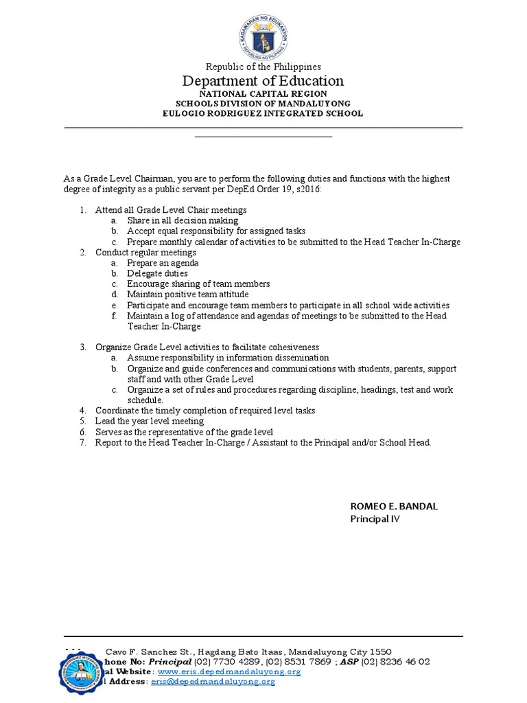 Duties and Responsibilities of Grade Level Chairmen | PDF