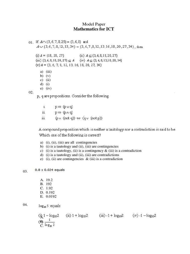 Mathematics For ICT Model Paper | PDF