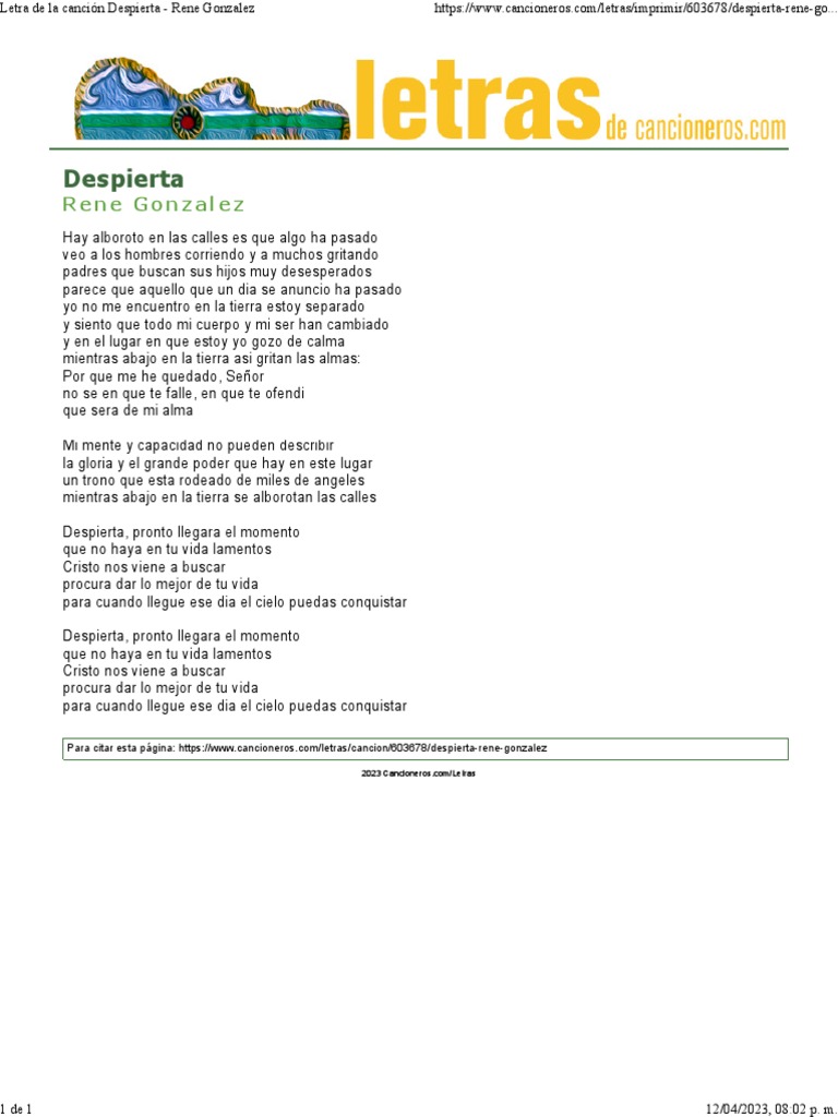 Letra de La Canción Despierta - Rene Gonzalez | PDF