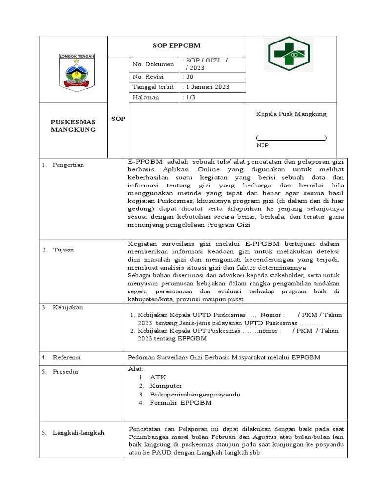 SOP E-PPGBM untuk Pelaporan Gizi | PDF