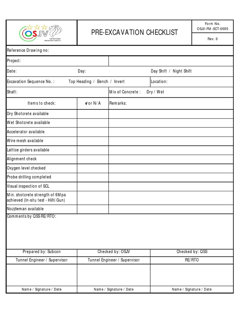 OSJV-FM-SCT-0005 - Pre-Excavation Checklist | PDF