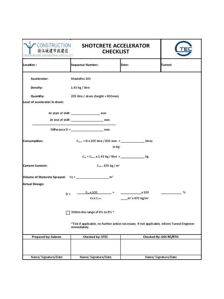 Shotcrete Accelerator Checklist 470kg Blank | PDF