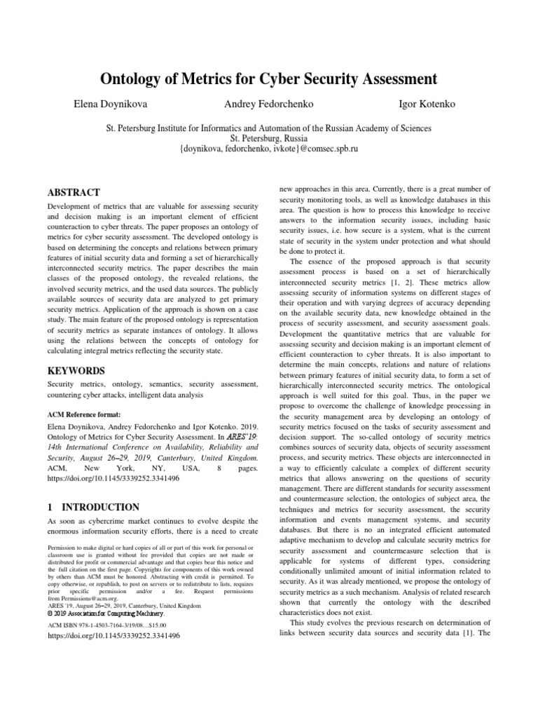 A Ontology Of Metrics For Cyber Security Assessment Pdf Computer Security Security