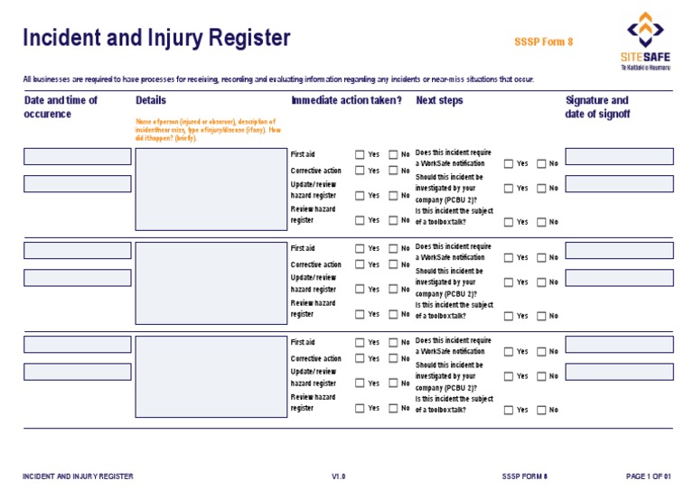 SSSP Form 8 - Incident and Injury Register | PDF