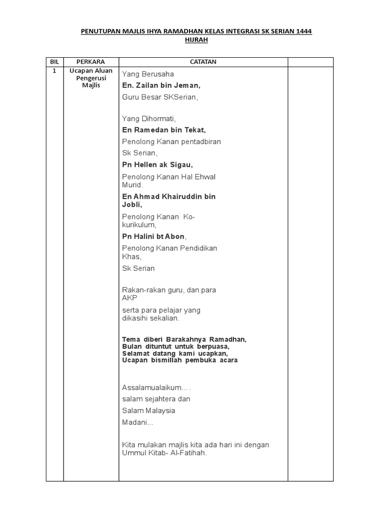 Skrip Pengacaraan Majlis Penutupan Ihya Ramadhan 2023 | PDF