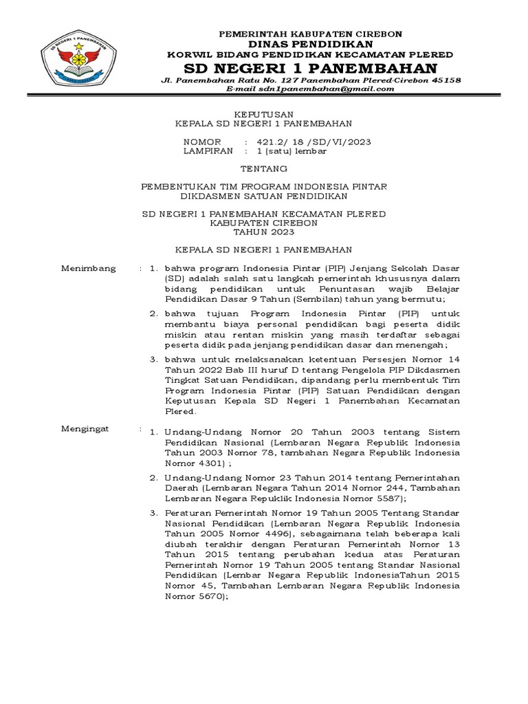 SK Tim Pip Sekolah Dasar 2023 | PDF