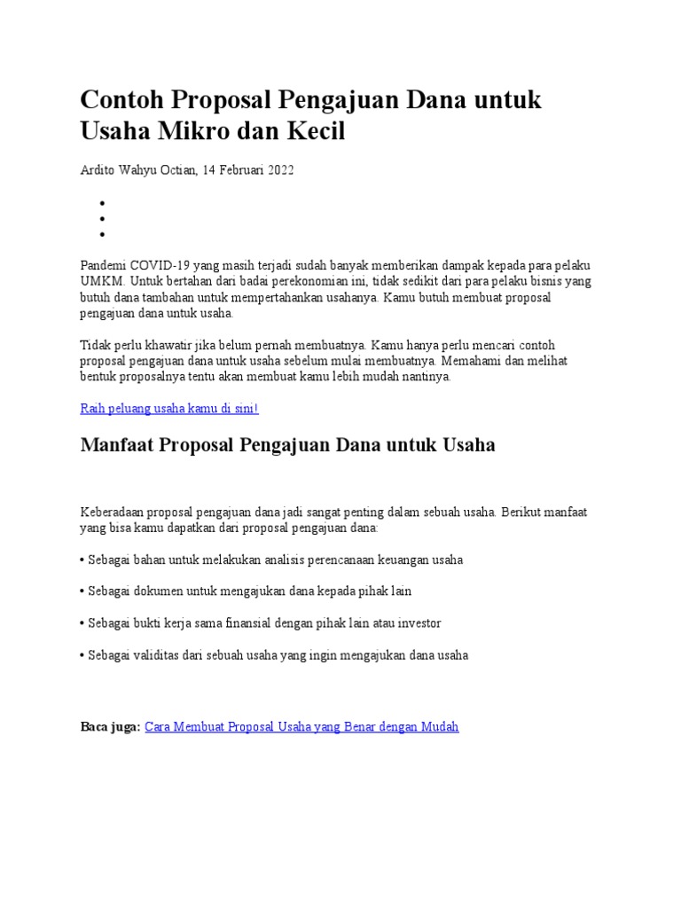 Contoh Proposal Pengajuan Dana Untuk Usaha Mikro Dan Kecil | PDF