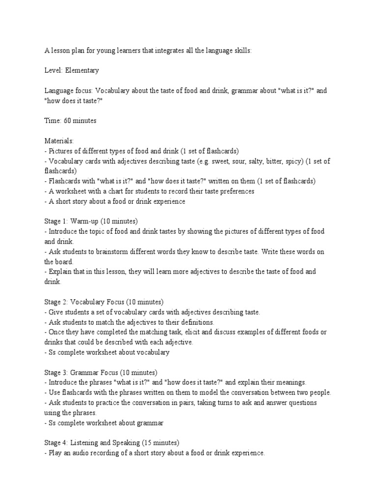 Integrated Skills Lesson Plan: Taste | PDF | Vocabulary | Flashcard