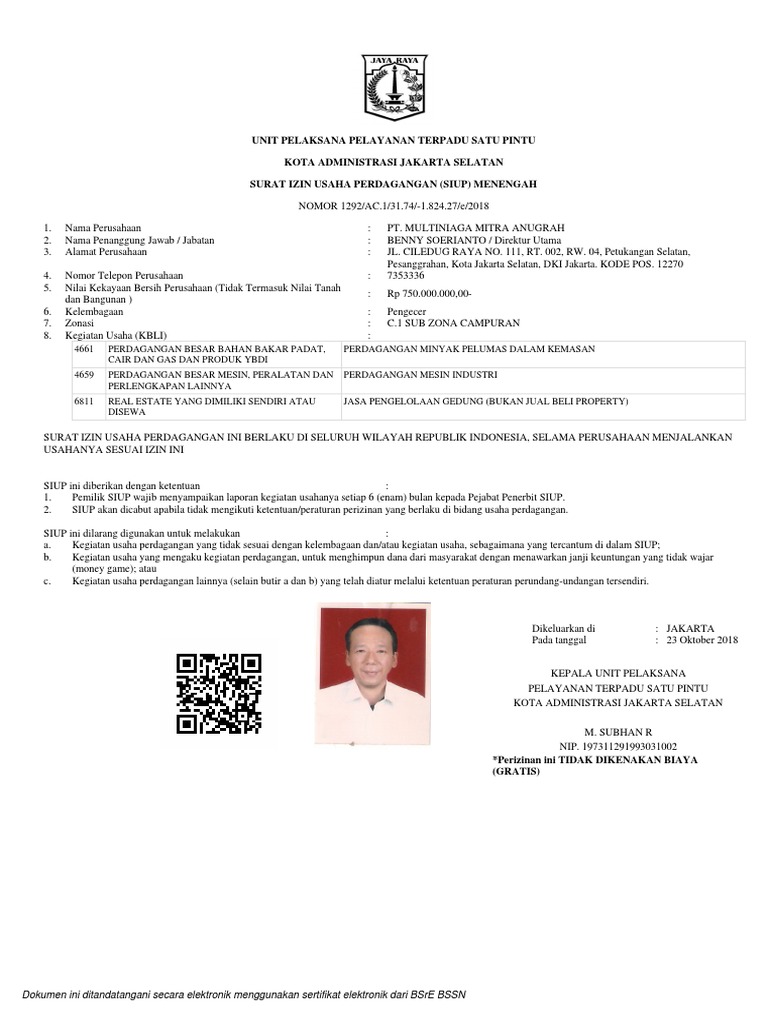 Surat Izin Usaha Perdagangan Siup Besar Menengah | PDF