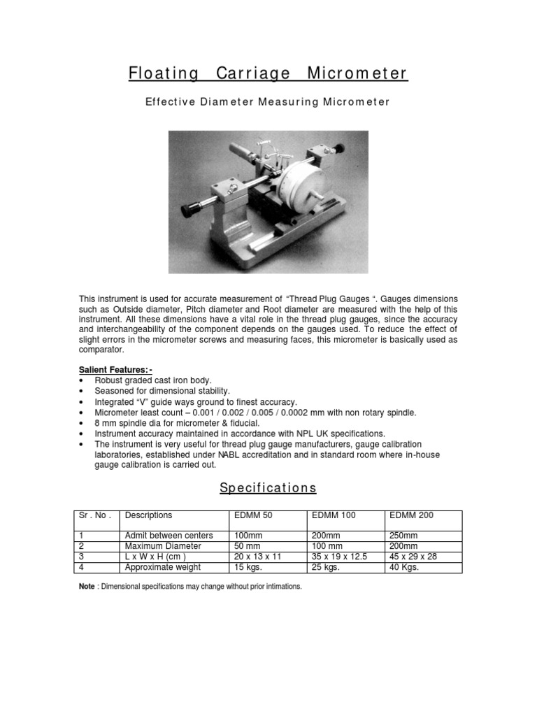 Floating Carriage Micrometer | PDF | Calibration | Measurement