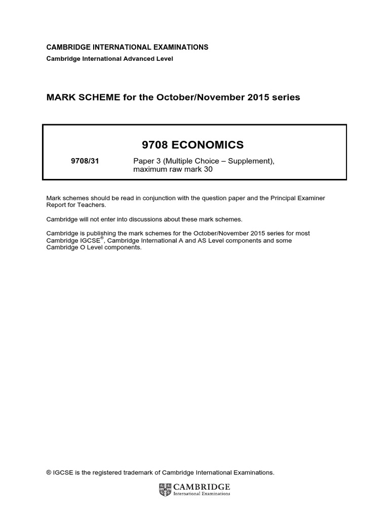 9708 Economics: MARK SCHEME For The October/November 2015 Series | PDF