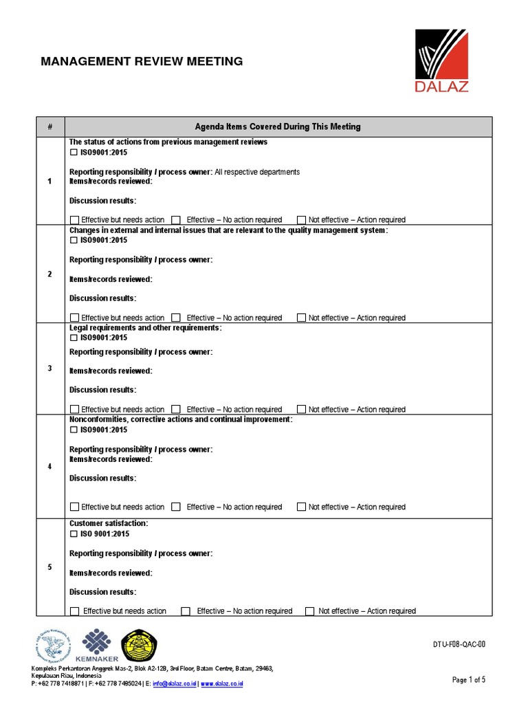 Formulir Management Review Meeting | PDF | Iso 9000 | Quality