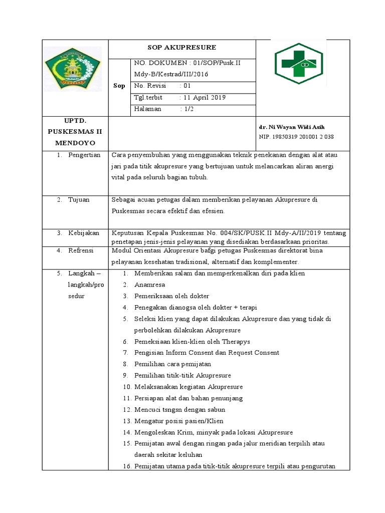 SOP Akupresure Puskesmas II Mendoyo | PDF