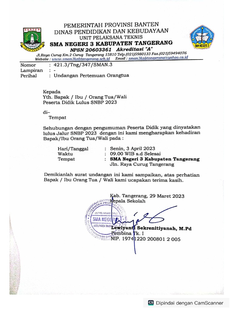 Surat Undangan Orang Tua SNBP 2023 | PDF