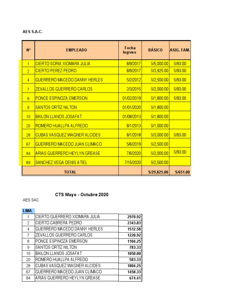 CASO CTS. CTS. Mayo - Octubre 2020 Final - Xlsok | PDF