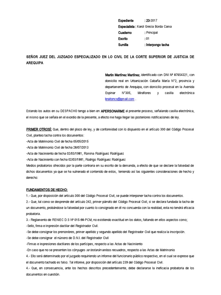 Modelo de Escrito de Tacha | Descargar gratis PDF | Evidencia (ley) | Ley procesal