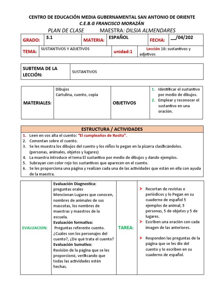 Plan de Clase: Sustantivos 2° Grado | PDF | Artes del Lenguaje y ...