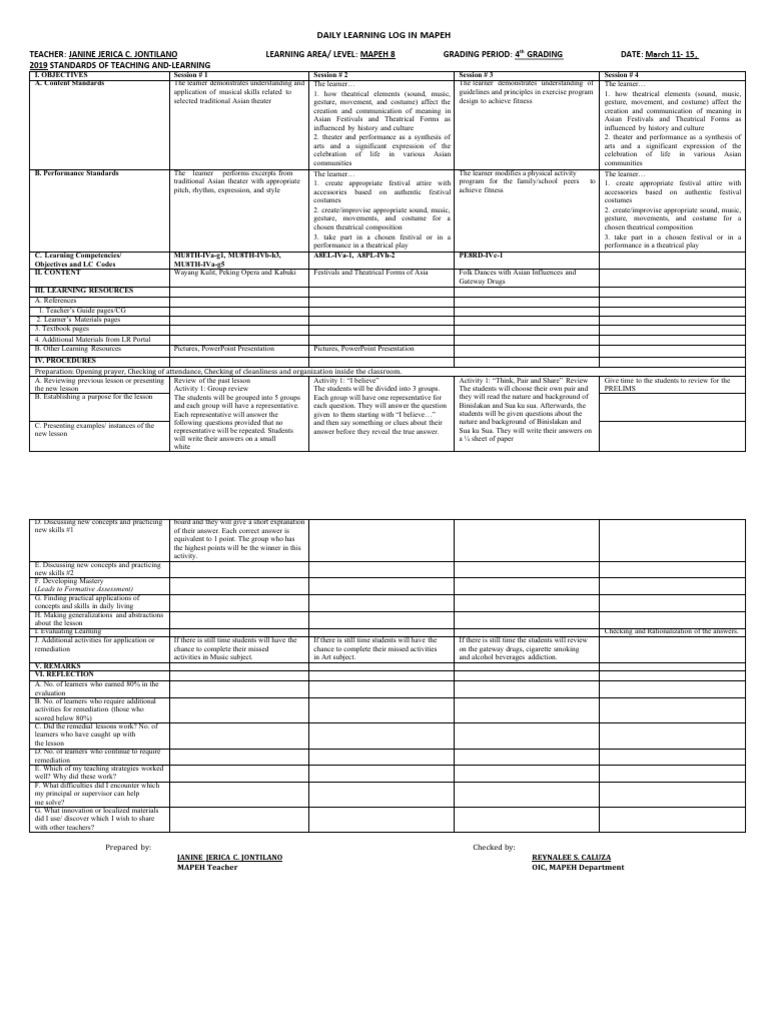 Arts 4th Quarter Sample DLL | PDF | Learning | Teachers