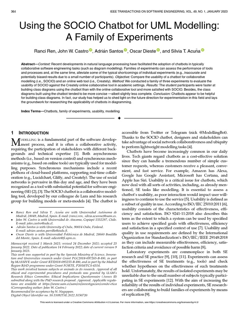 Using The SOCIO Chatbot For UML Modelling A Family of Experiments | PDF | Usability | Experiment