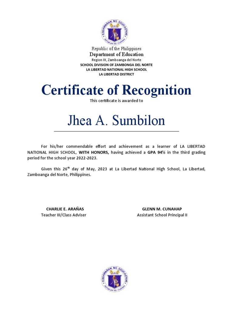 Certificate of Honors New Format | PDF