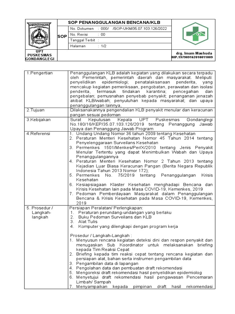 SOP Penanggulangan BencanaKLB Gondanglegi | PDF | Pengembangan Diri | Sains & Matematika