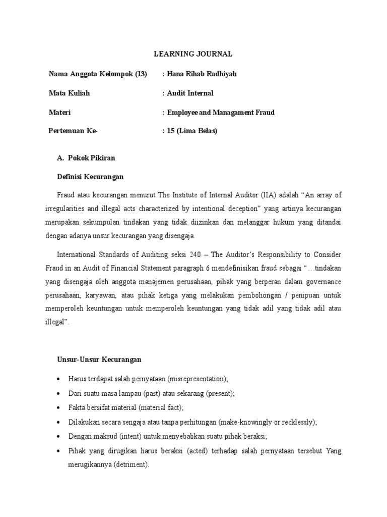 Learning Journal Audit Internal Pertemuan Ke 16 | PDF | Pengelolaan Keuangan & Uang | Hukum