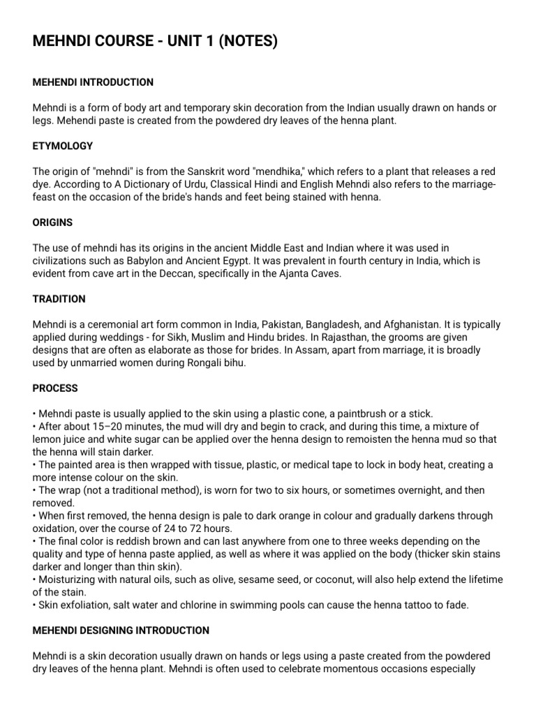 Mehndi Course - Unit 1 (Notes) | PDF