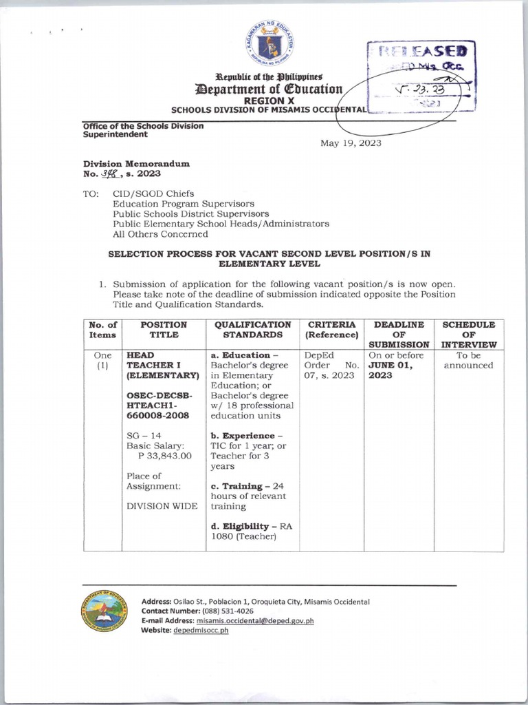 Deped Mis Occ Dm. 348 S. 2023 Selection Process For Vacant Second Level ...