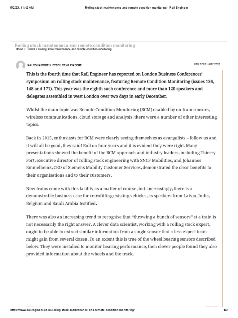 Rolling Stock Maintenance and Remote Condition Monitoring - Rail Engineer | PDF
