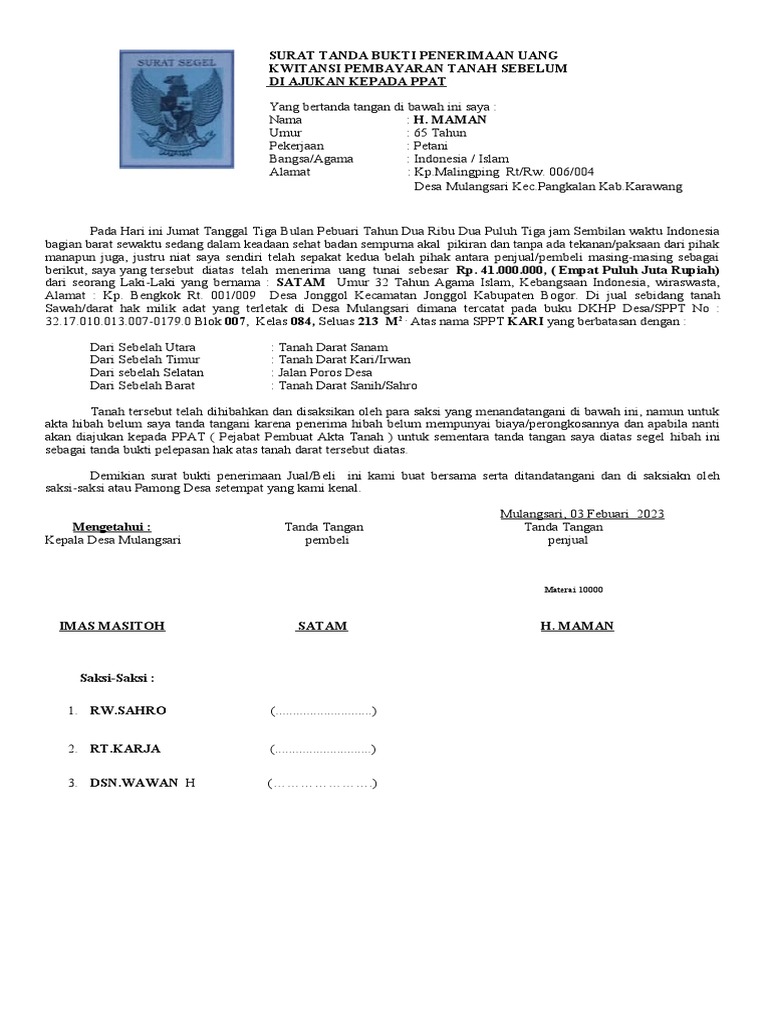 Contoh Surat Segel Tanah dan Kwitansi | PDF
