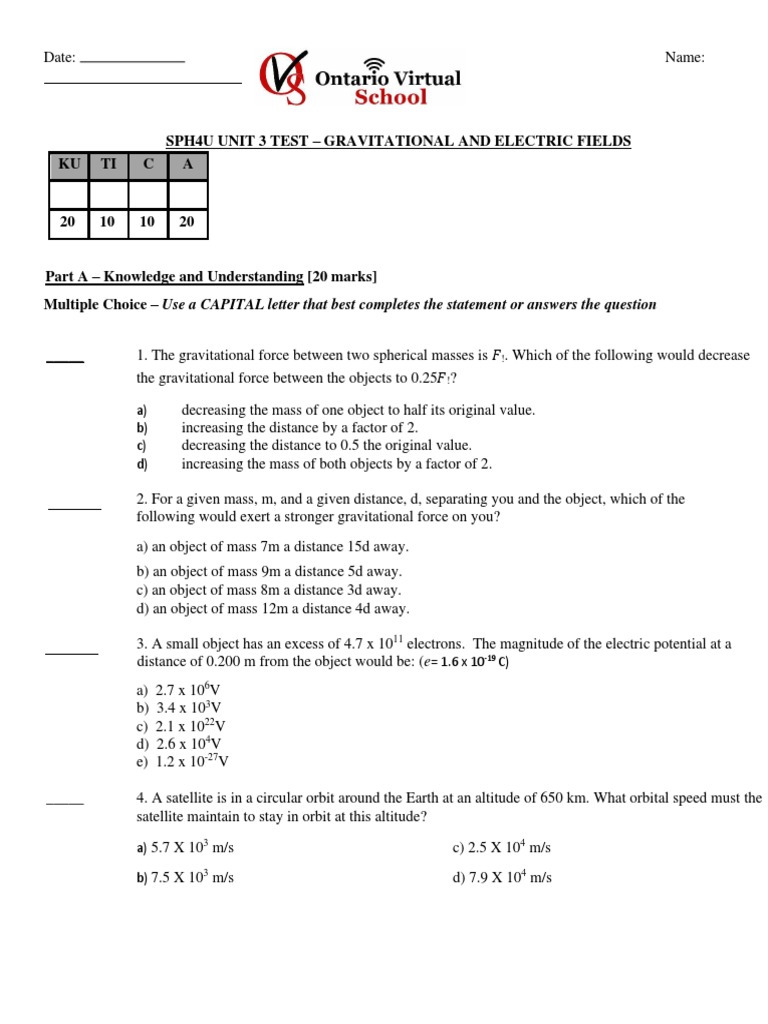 Gravitational & Electric Fields Test | PDF | Science & Mathematics