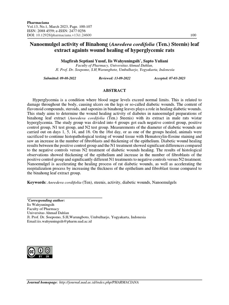 Nanoemulgel Activity of Binahong (Anredera Cordifolia (Ten.) Steenis) Leaf - UTS MPB Nomor 4 ...