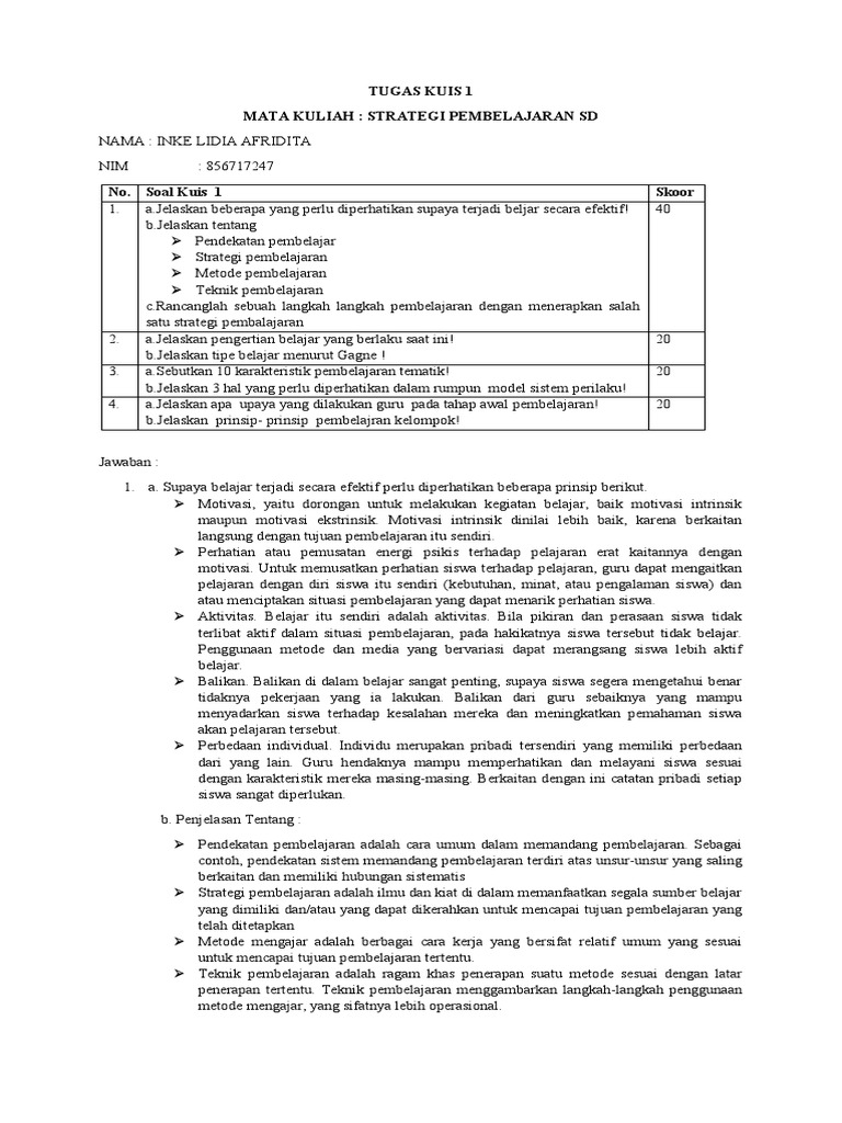 KUIS 1 Strategi Pembelajaran Di SD | PDF | Pengembangan Diri | Sains ...