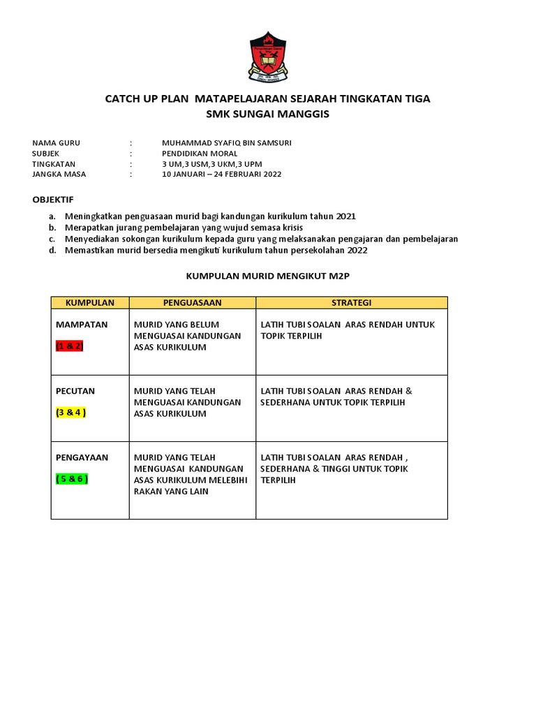 Catch Up Plan PM T3 SMK Sungai Manggis | PDF
