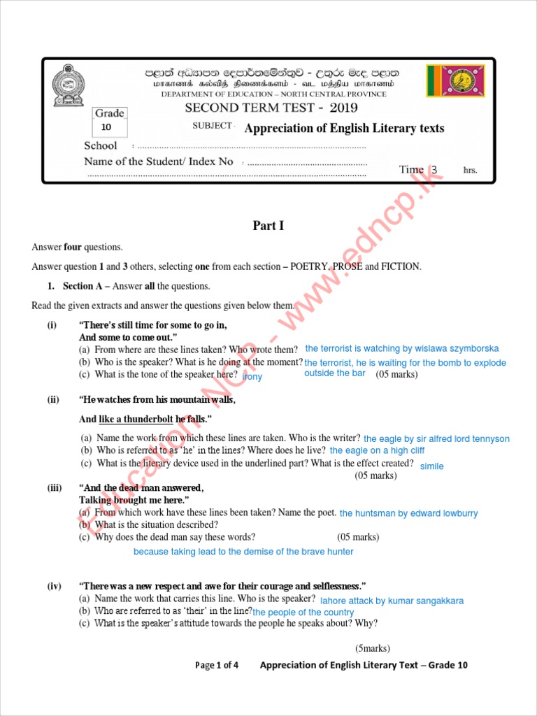 Grade 10 Appreciation of English Literary Texts 2nd Term Test Paper ...