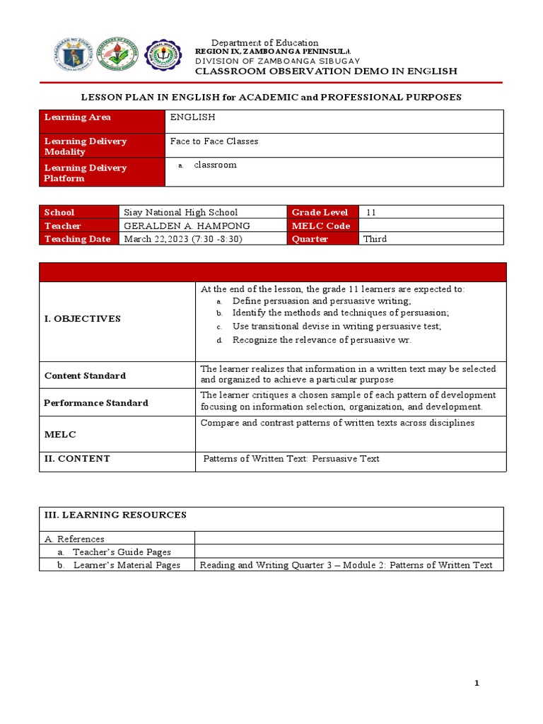 Persuasive Writing Lesson Plan for Grade 11 | PDF | Persuasion | Propaganda