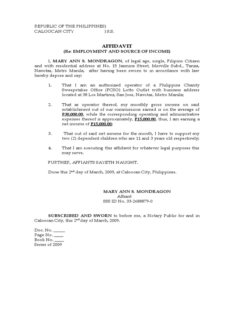 Affidavit of No Fixed Income | PDF | Law