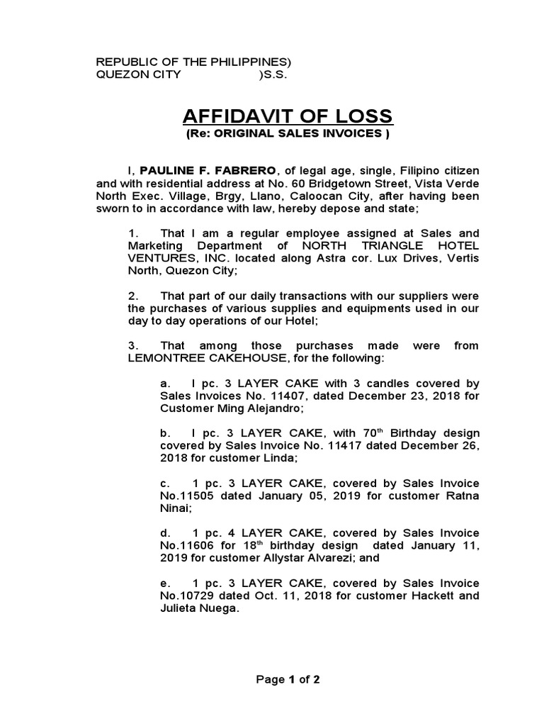 Affidavit of Loss Sales Invoices | PDF | Affidavit | Document