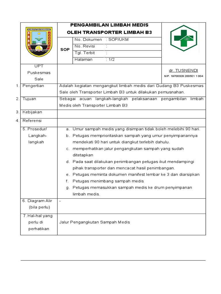 SOP Pengangkutan Limbah Medis ke Transporter | PDF