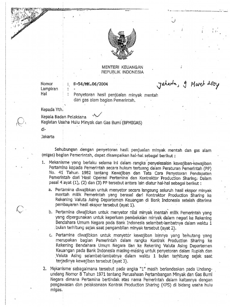 SMK - 54 - 2004 - Penyetoran Penerimaan Negara PSC-BPMIGAS (Pendukung PP 41 - 1982) | PDF