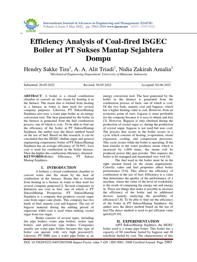 Efficiency Analysis of Coal Fired ISGEC Boiler at PT Sukses Mantap ...