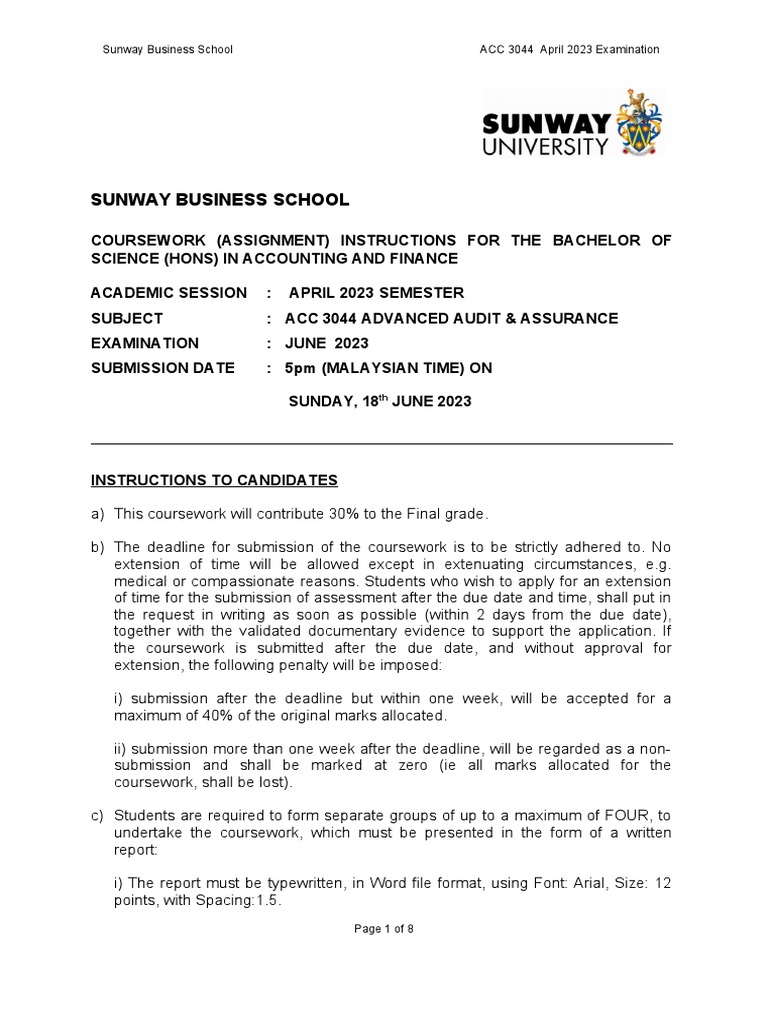 Students - Coursework Group Assignment - Student - June 2023 - ACC3044 - Advanced Audit ...