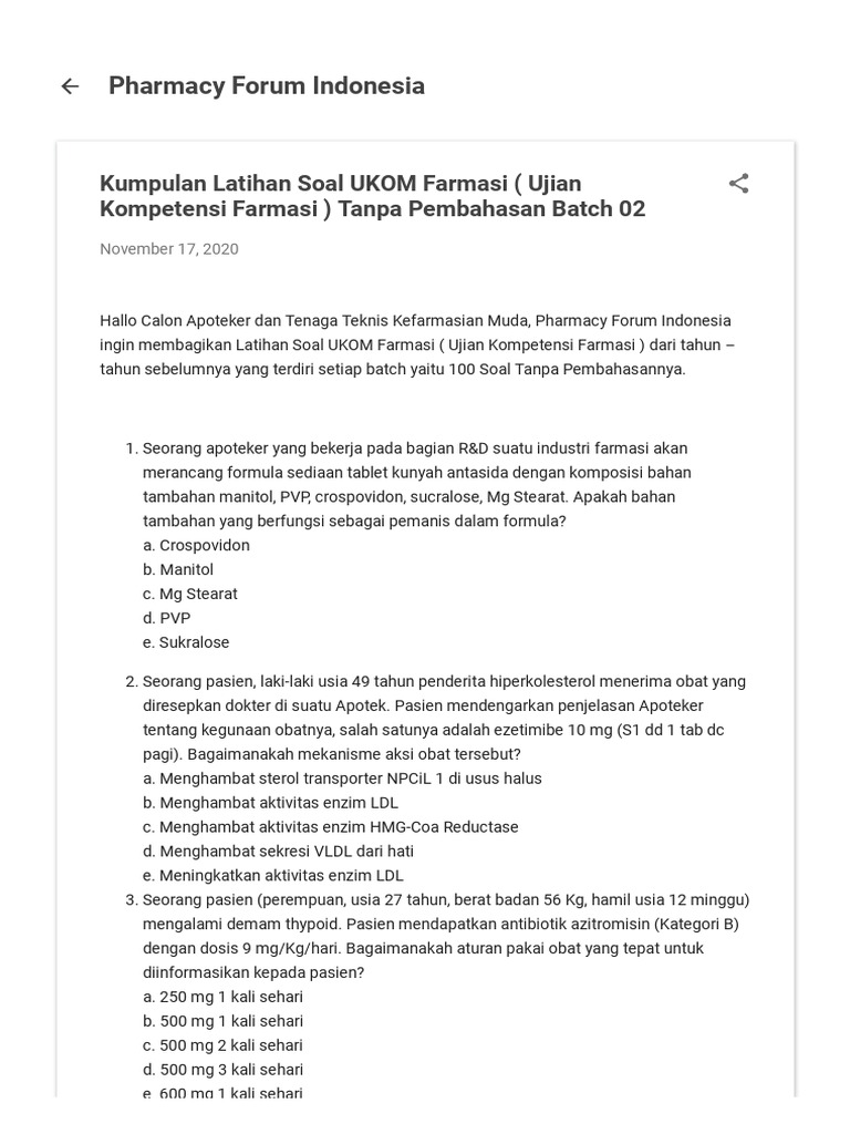 Kumpulan Latihan Soal UKOM Farmasi (Ujian Kompetensi Farmasi) Tanpa Pembahasan Batch 02 | PDF