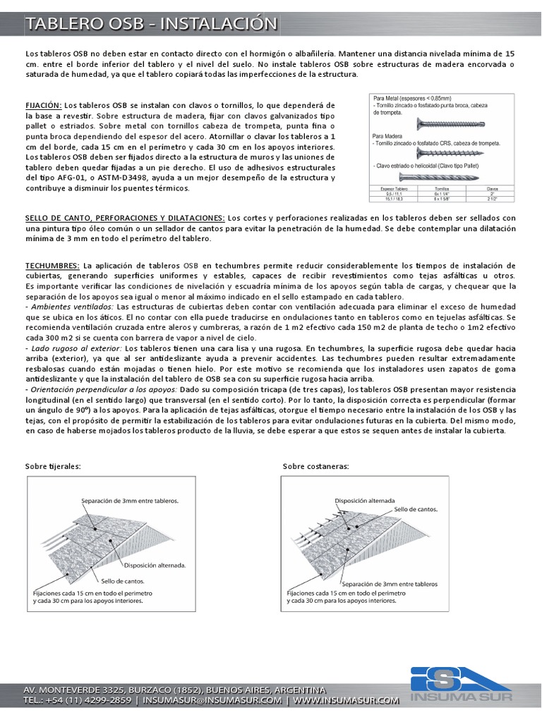 Ficha de Producto Tablero OSB Instalacion | PDF | Hormigón | Tornillo