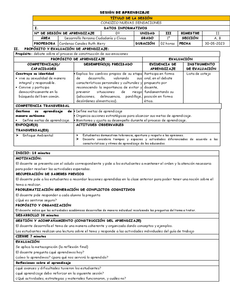 Sesión de Aprendizaje - Conozco Nuevas Sensaciones | PDF