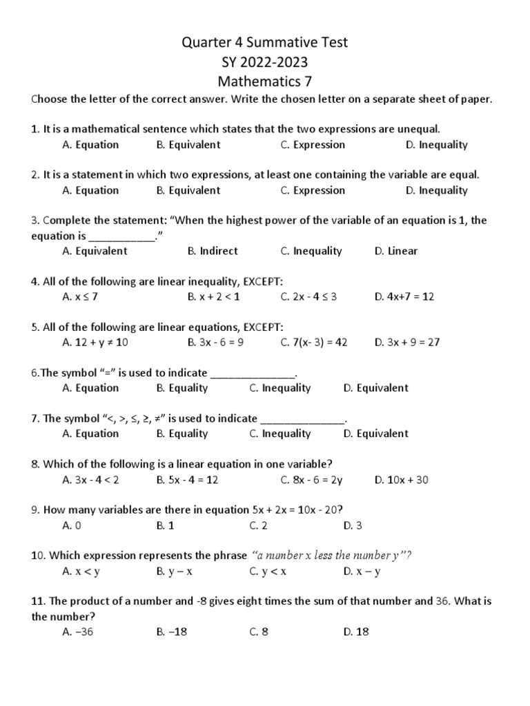 Q4 Summative Test Math 7 SY 2022-2023 (1sheet) | PDF | Geometry ...