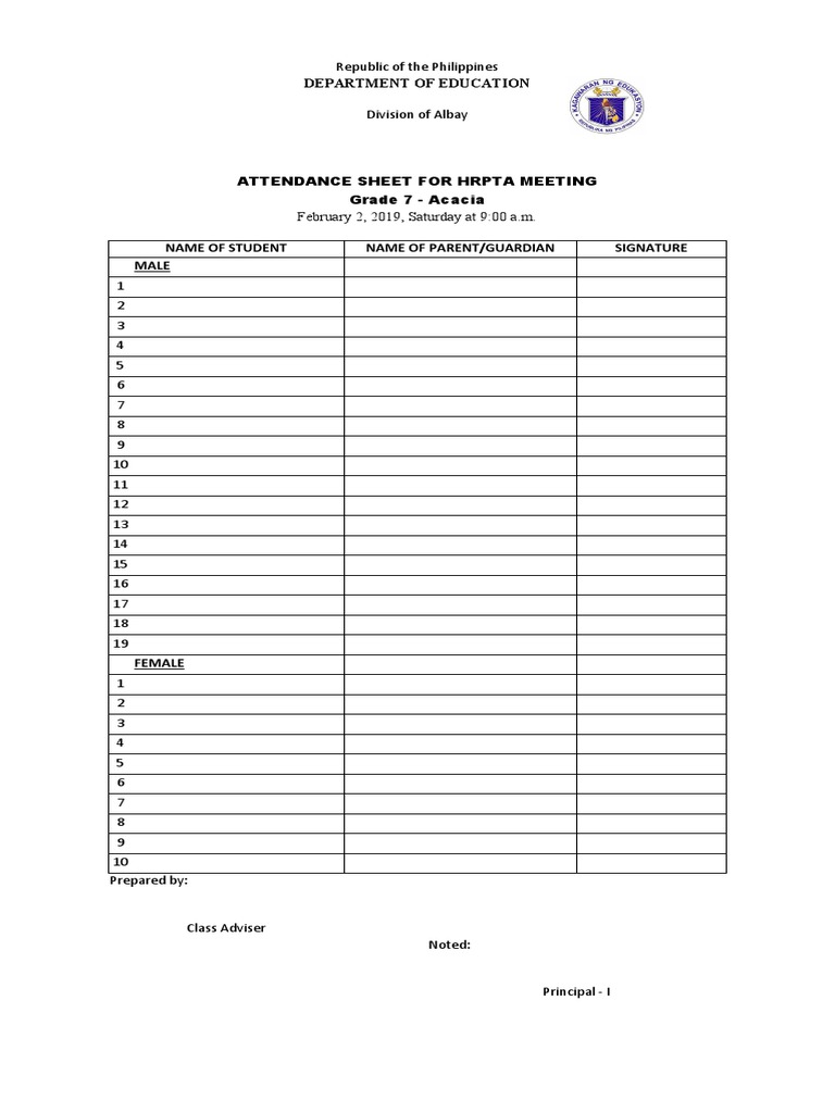 Attendance Sheet HRPTA Meeting | PDF